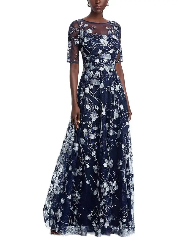 Rickie Freeman For Teri Jon Floral Embroidered Gown - Navy Silver