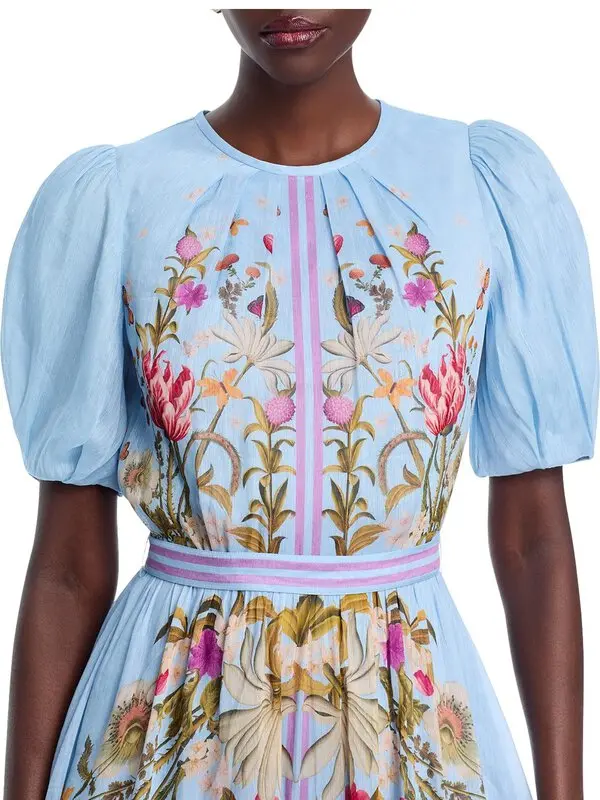 Rickie Freeman For Teri Jon Silk Linen Floral Dress - Pale Blue Multi