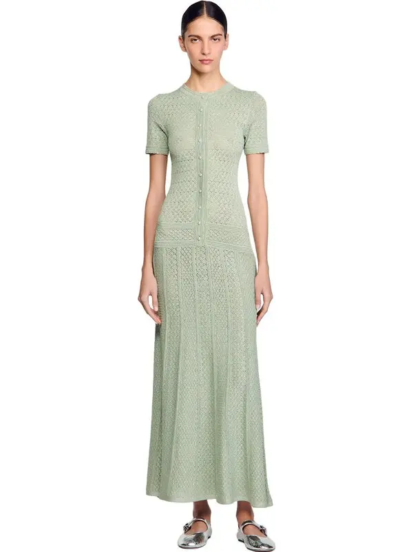 Sandro Glitter Knit Maxi Dress With Rhinestone Details - Almond Green