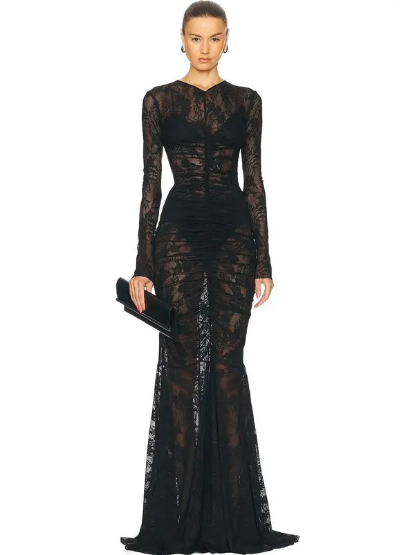 Norma Kamali Long Sleeve V Neck Shirred Front Fishtail Gown - Black