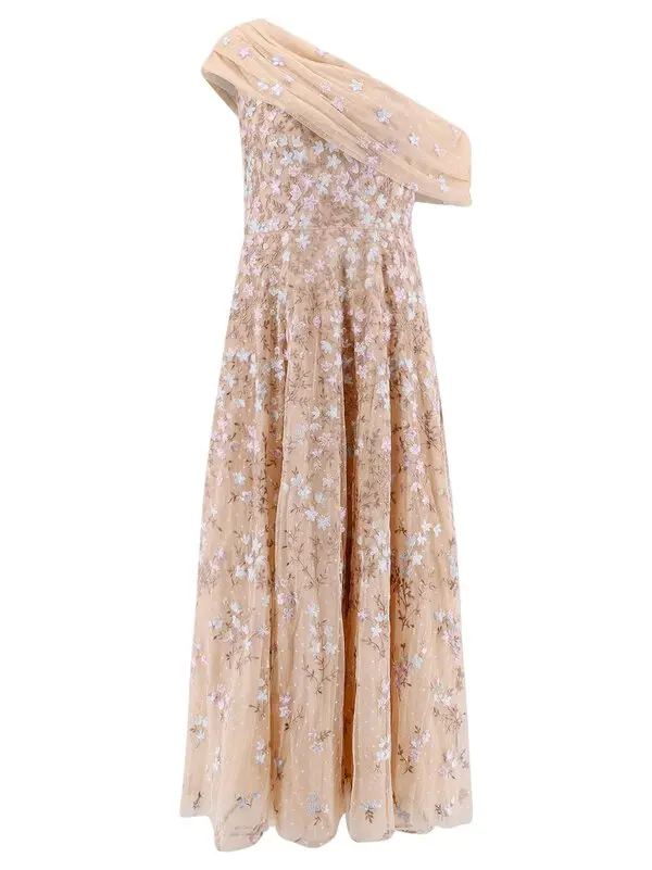 NEEDLE & THREAD One-shoulder Embroidered Tulle Dress - Beige