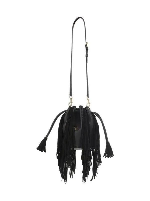 Valentino Garavani Small Nellcôte Fringed Leather Bucket Bag - Black