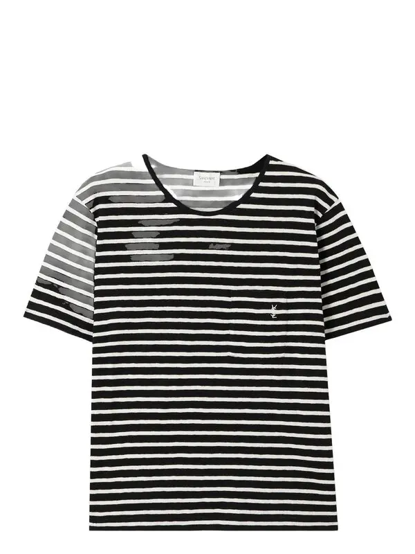 Saint Laurent Embroidered Striped Cotton-jersey T-shirt - Black