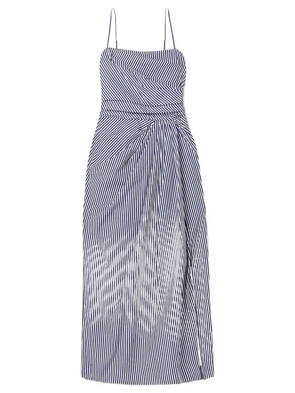 Adam Lippes Cari Wrap-effect Gathered Striped Cotton-poplin Midi Dress - Blue