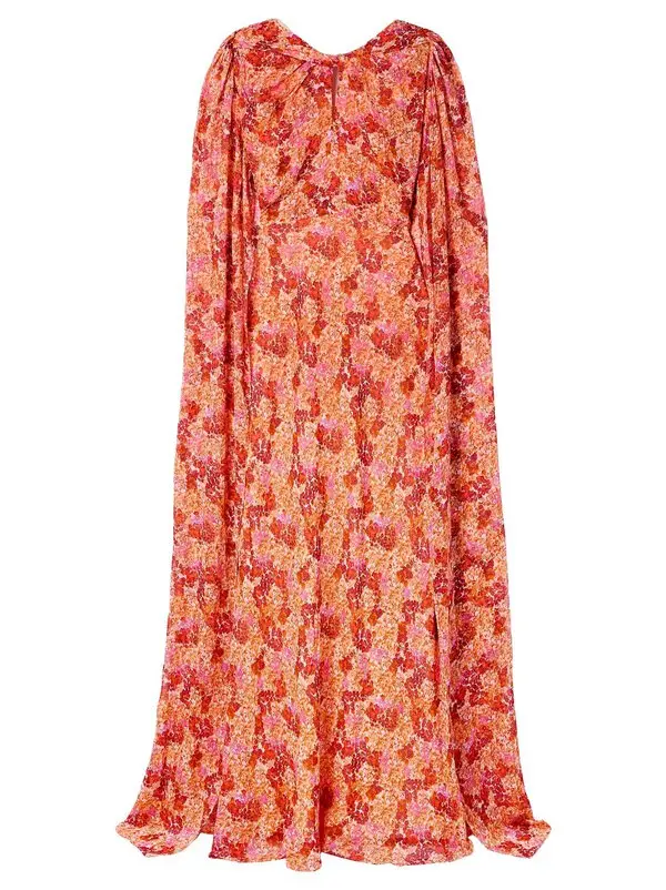 Saloni Claudia Cape-effect Floral-print Silk-georgette Gown - Orange