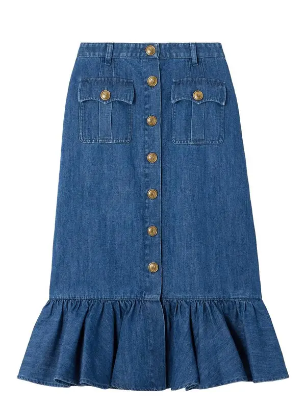 Valentino Garavani Ruffled Denim Midi Skirt - Blue