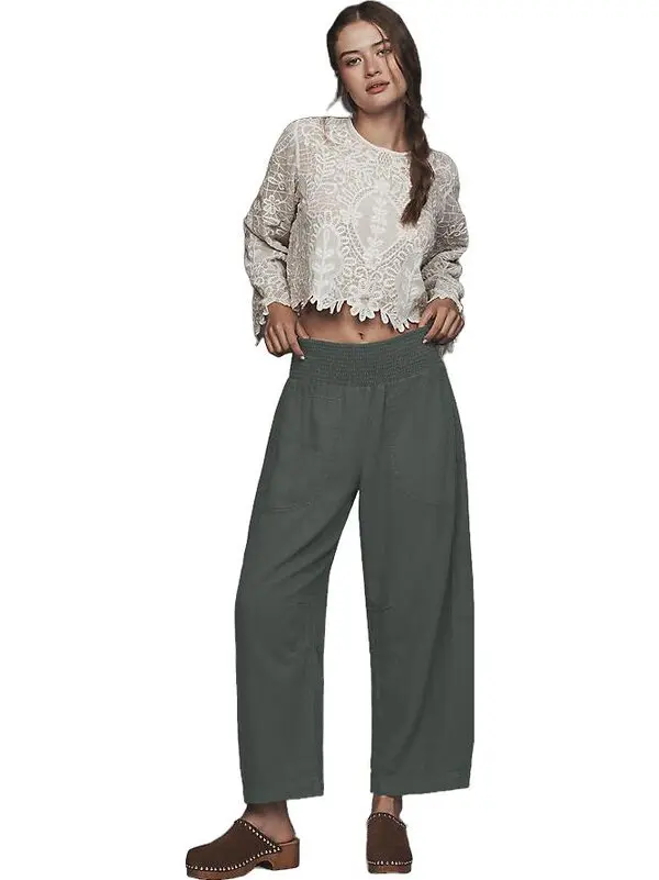 PILCRO The Reese Linen Blend Barrel Pants - Darkened Forest