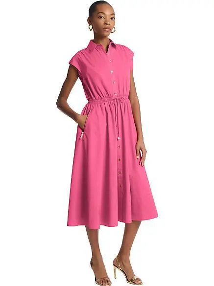 Michael Kors Stretch Cotton Poplin Midi Shirt Dress - Pink