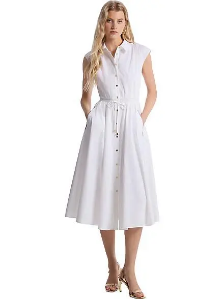 Michael Kors Stretch Cotton Poplin Midi Shirt Dress - White