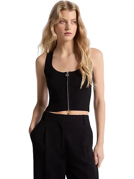 Michael Kors Ribbed Viscose Blend Zip-up Tank Top - Black