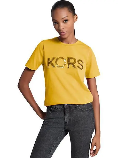 Michael Kors Sequined Logo Cotton T-shirt - Yellow