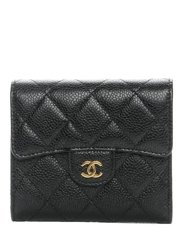 Chanel Flap Compact Wallet Quilted Caviar Goldtone - Black