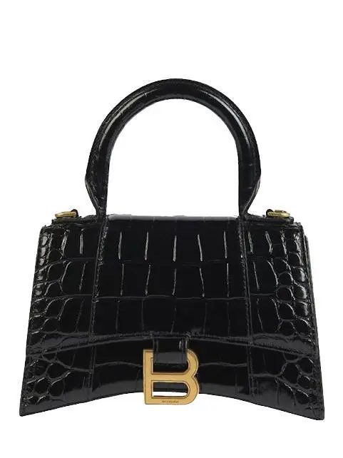 Balenciaga Crocodile Embossed Hourglass Top Handle Xs - Black