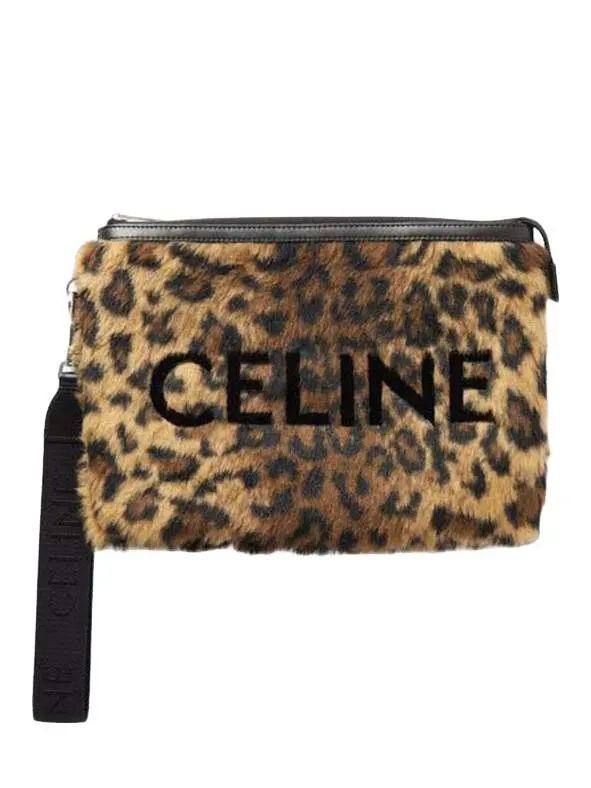 Celine Logo-flocked Leopard-print Faux Fur Pouch - Natural/black