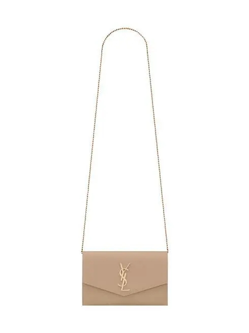 Saint Laurent Uptown Chain Wallet Grain De Poudre - Dark Beige