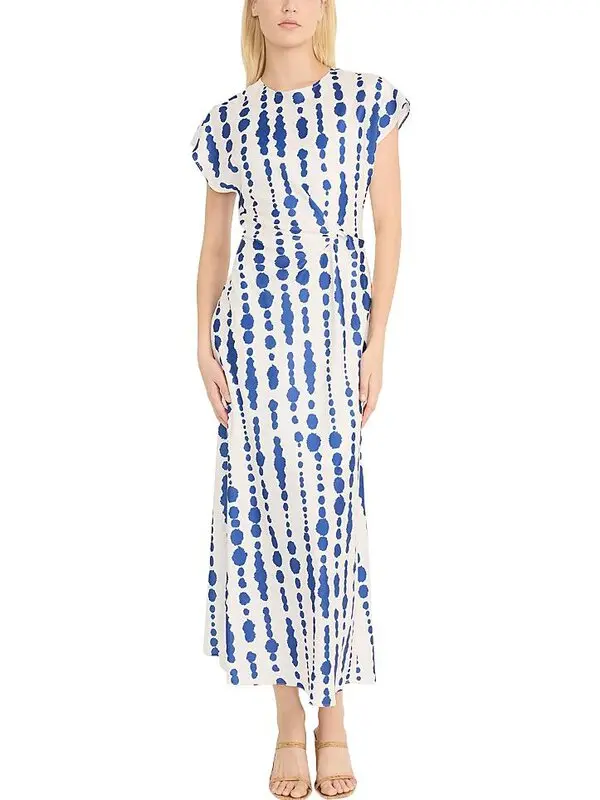 LUXELY Printed Twist Front Midi Dress - Ivory/blue