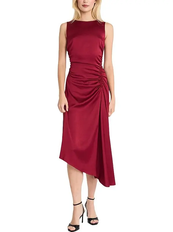 LUXELY Boat Neck Asymmetric Midi Dress - Red