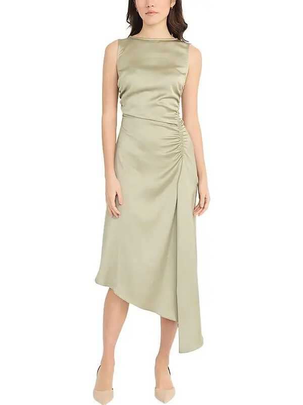 LUXELY Boat Neck Asymmetric Midi Dress - Tea
