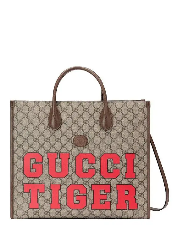 Gucci Tiger Gg Medium Tote Bag - Beige/ebony
