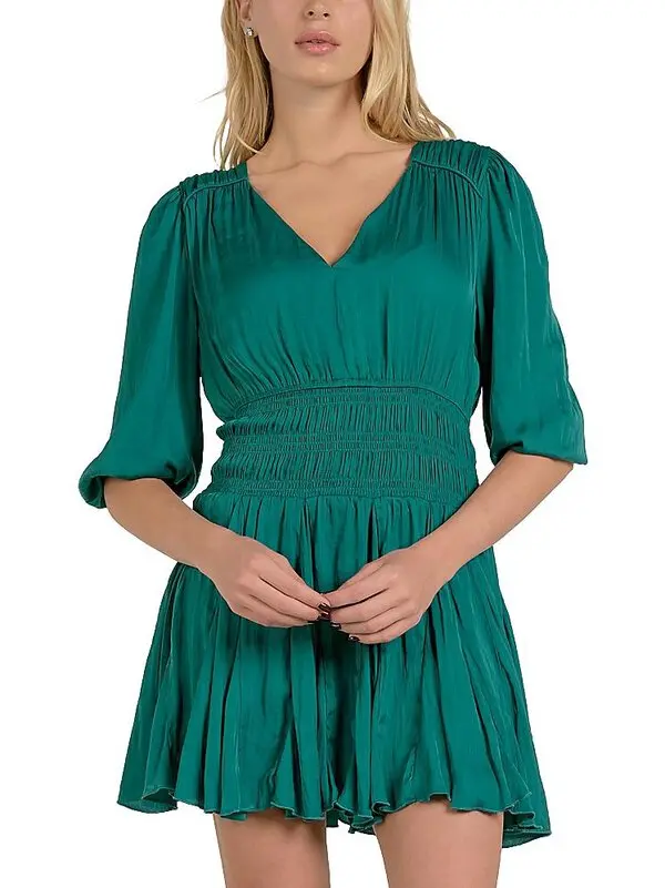 Elan Elbow Sleeve Smocked Mini Dress - Emerald