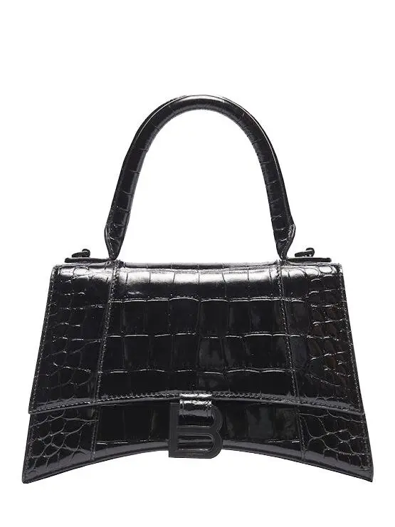 Balenciaga Hourglass Top Handle Crocodile Embossed Xs - Black