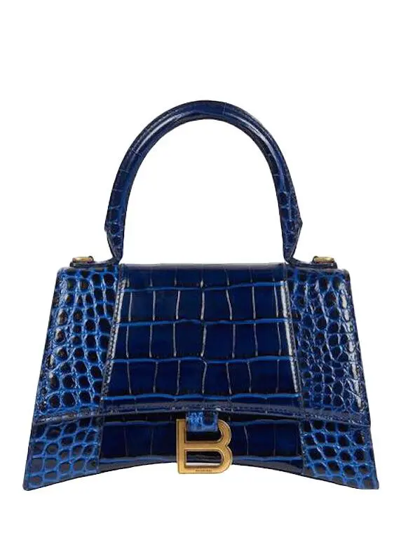 Balenciaga Hourglass Small Top Handle Bag Crocodile Embossed - Navy Blue