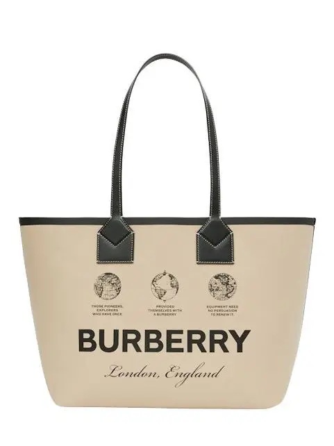 Burberry Label Print Cotton Medium London Tote Bag - Beige/black/acrhive Beige