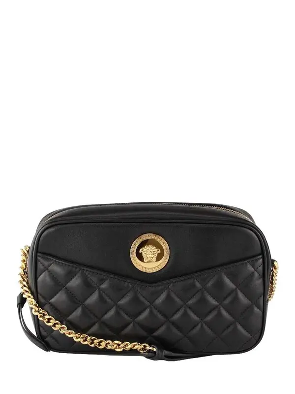 Versace Quilted Leather Medium Camera Bag With Gold Tone Medusa Head - Black