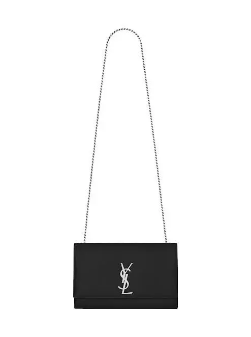 Saint Laurent Kate Medium Chain Bag In Grain De Poudre Silvertone - Black