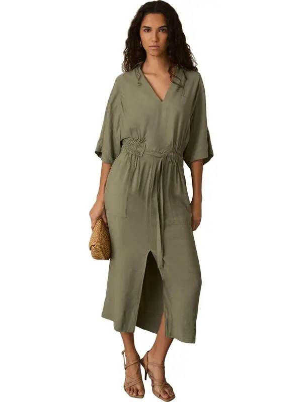 REISS Cecilia Shirred-waist Midi Shirt Dress - Khaki