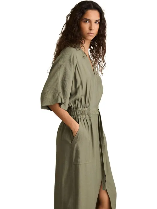 REISS Cecilia Shirred-waist Midi Shirt Dress - Khaki