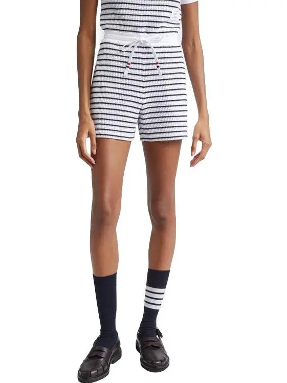 Thom Browne Stripe Waffle Knit Cotton Shorts - Navy/white
