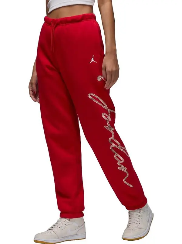 JORDAN Brooklyn Fleece Rhinestone Logo Sweatpants - Gym Red/ White