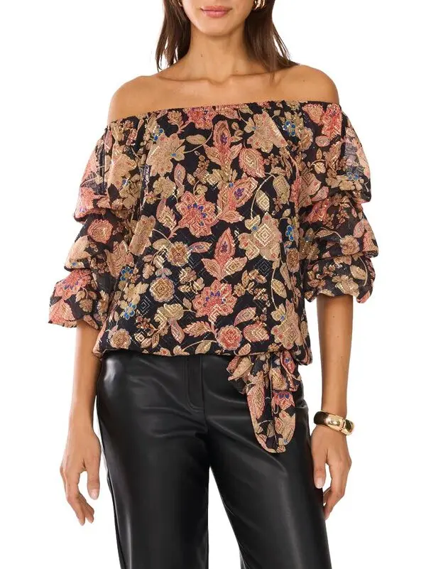 Vince Camuto Floral Off-the-shoulder Bubble Sleeve Top - Rich Black
