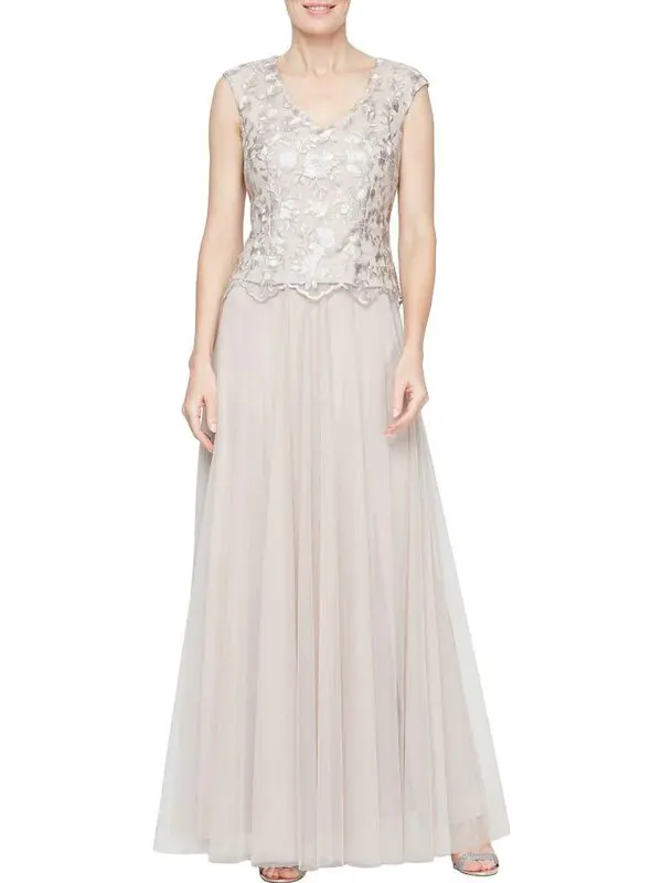 Alex Evenings Embroidered Lace Bodice Chiffon Gown - Taupe