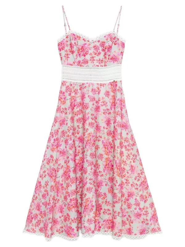 NISSA Floral-print Linen Midi Dress - Pink