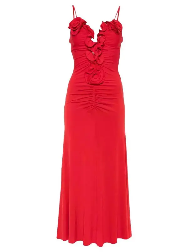 NISSA Floral-appliqué Midi Dress - Red
