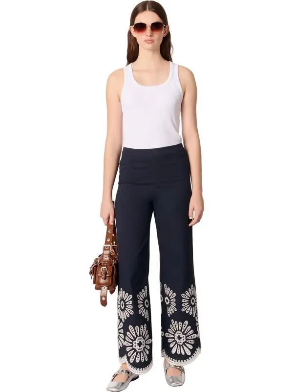 Maje Cotton Trousers With Crochet Detail - Navy
