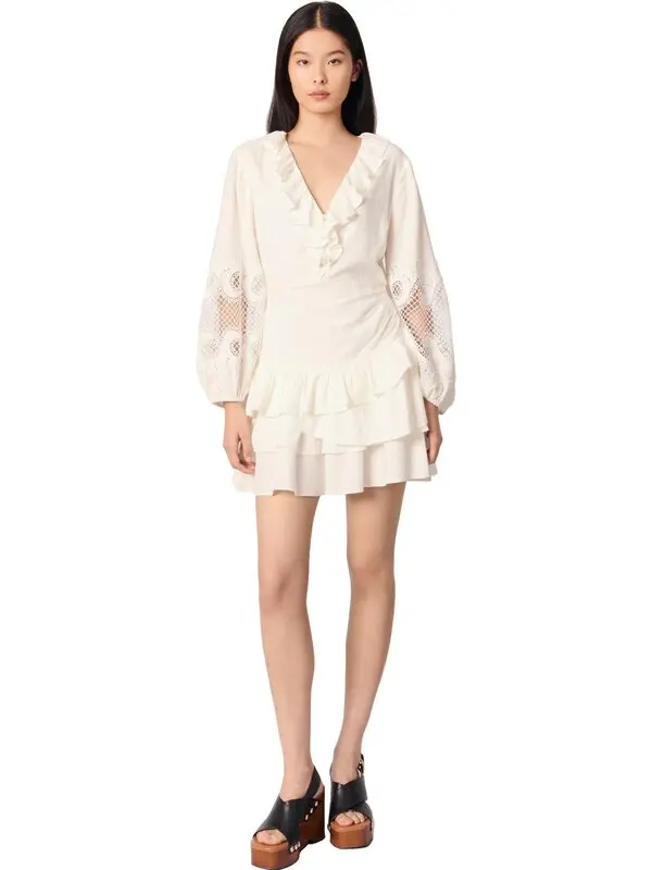 Maje Viscose Embroidered Sleeve Mini Dress - Ecru