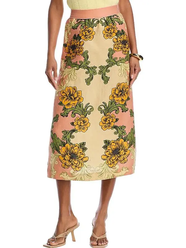 Farm Rio Delicate Flower Linen Arabesque Skirt - Flower Arabesques Pink