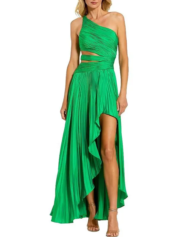 Mac Duggal One Shoulder Pleated Charmeuse Gown With Slit - Spring Green