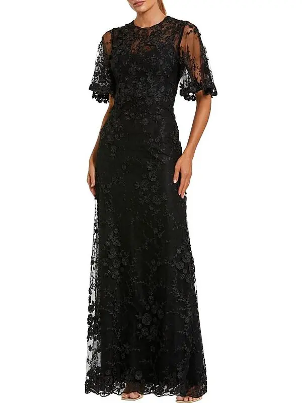 Mac Duggal Flutter Sleeve Floral Embroidered Net Gown - Black