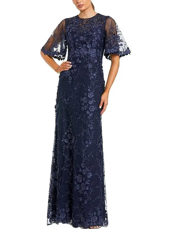 Mac Duggal Flutter Sleeve Floral Embroidered Net Gown - Midnight