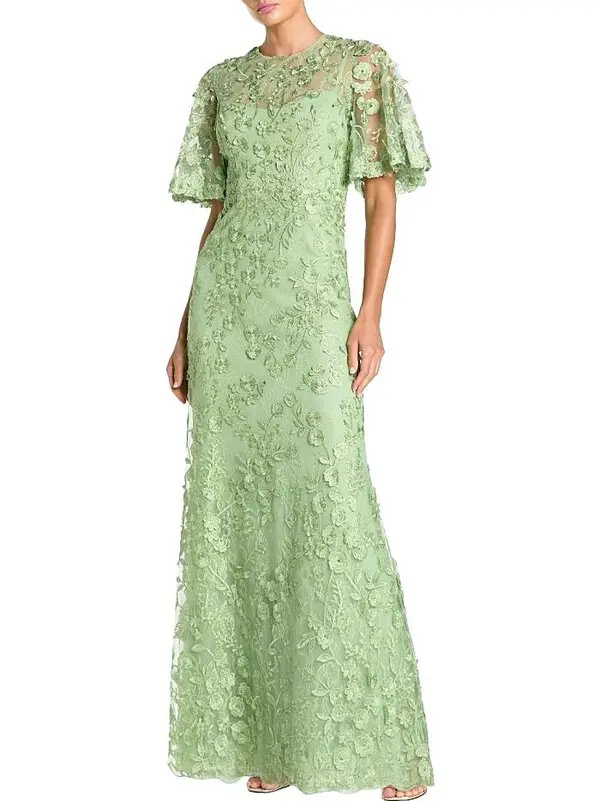 Mac Duggal Flutter Sleeve Floral Embroidered Net Gown - Sage