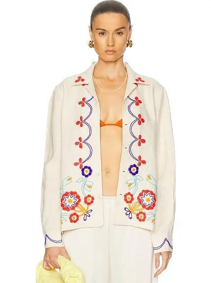 BODE Embroidered Linen Shirt - Ecru Multi