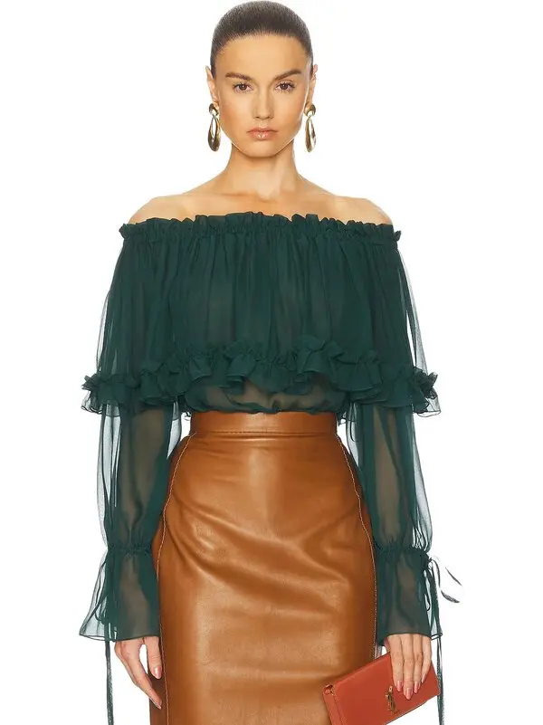 Saint Laurent Sheer Off The Shoulder Blouse - Vert
