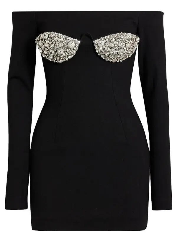 AREA Off-the-shoulder Crystal-embellished Ponte Mini Dress - Black