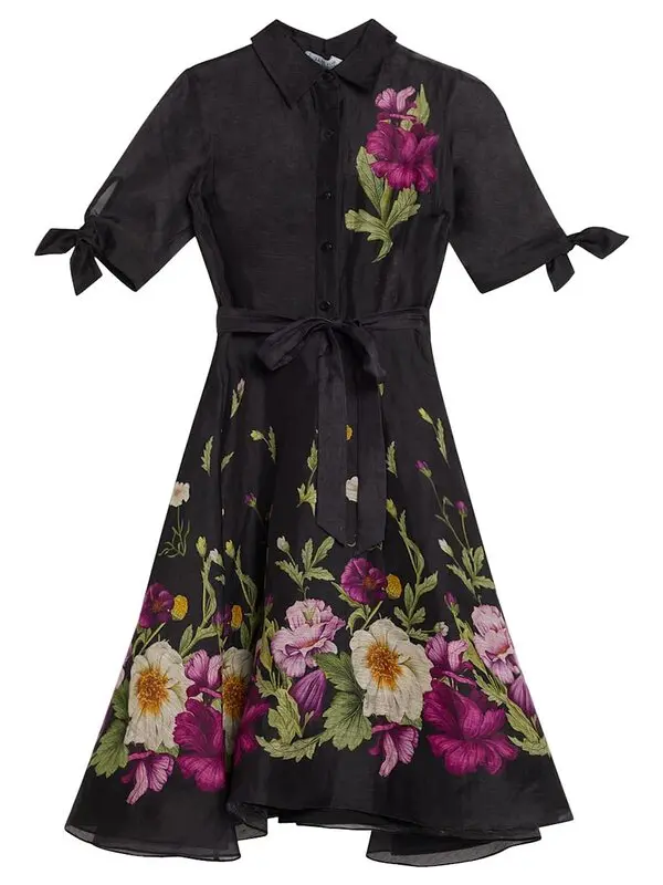 Rickie Freeman For Teri Jon Floral-print Linen Shirtdress - Black Multi
