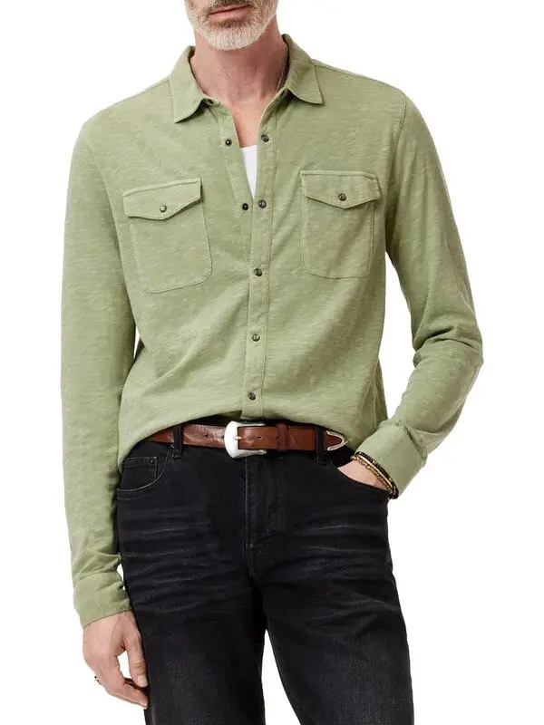 John Varvatos Avron Slub Organic Cotton Knit Snap-up Western Shirt - Ivy