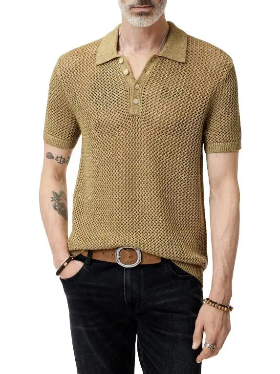 John Varvatos Tapia Openwork Merino & Linen Polo Sweater - Pale Ochre